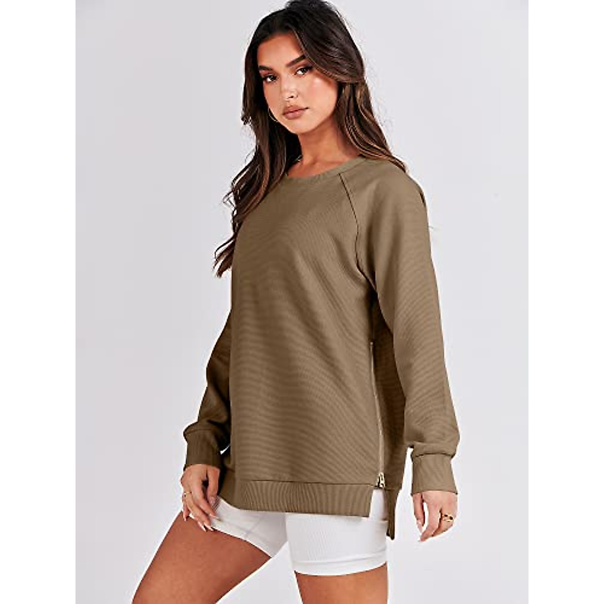 ANRABESS Women's Fall Casual Soft Long Sleeves Sweatshirts Pullover Tunic Tops Split Blouse with Side Zipper Teen Girls Trendy 2023 A1073-kaqi-L Khaki