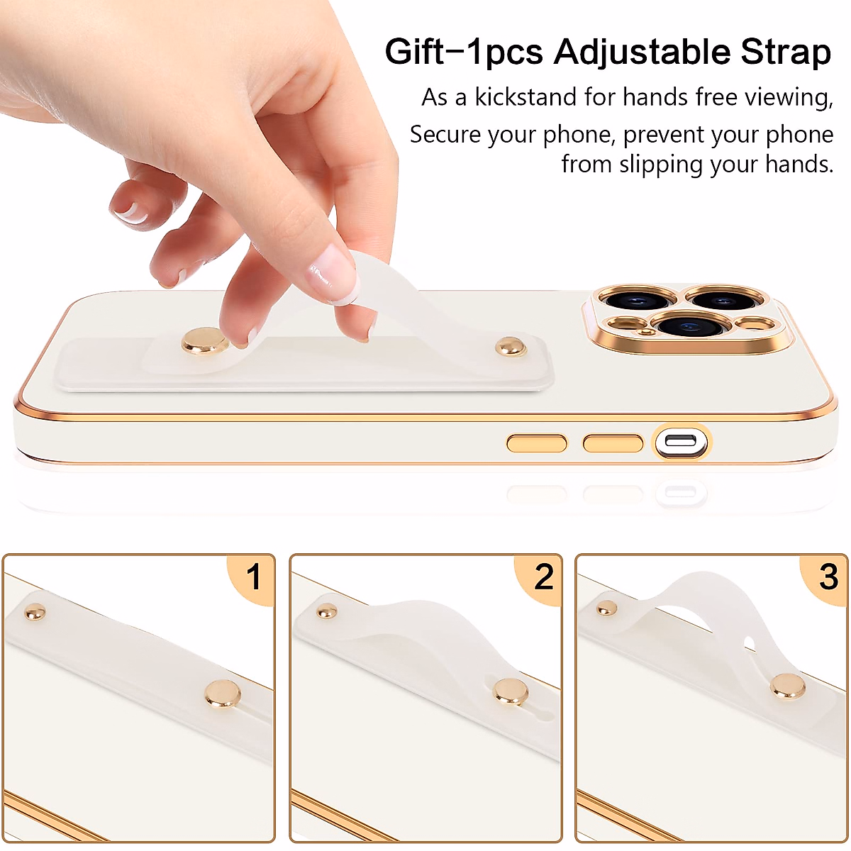BENTOBEN Compatible with iPhone 14 Pro Max Case, Slim Luxury Electroplated Bumper Women Men Girl Protective Soft Case Cover with Strap for iPhone 14 Pro Max 6.7 inch,White/Gold