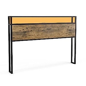 IKIFLY Queen Size Storage Headboard with LED Lights & Charging Station - Industrial Metal and Wood Queen Headboard Only for Bedroom, Attach Frame, Easy Assembly - Rustic Brown