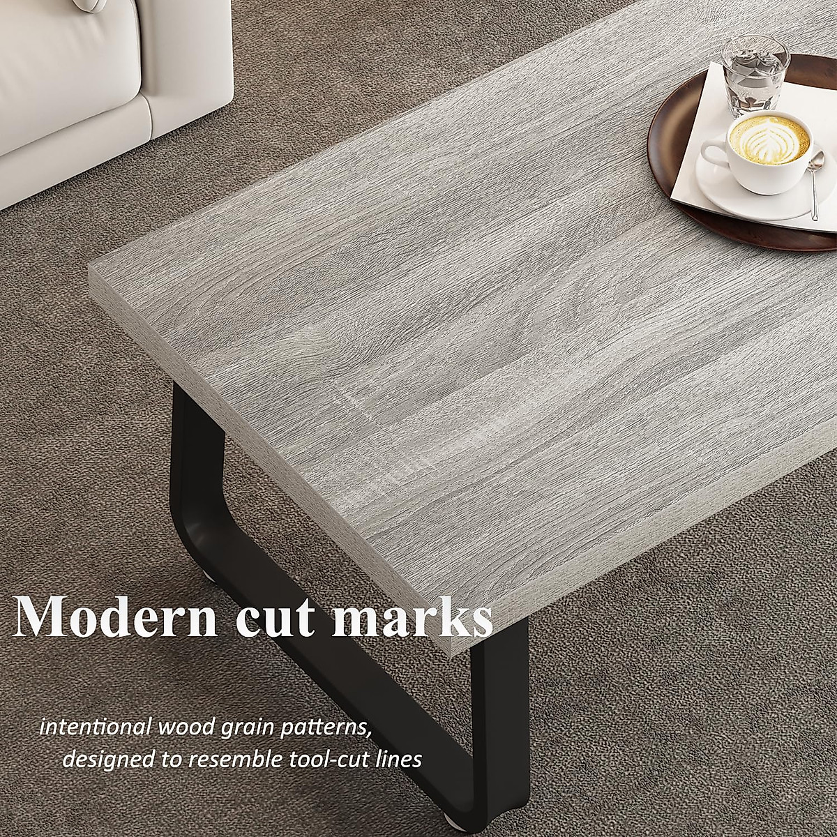 HSH Grey Small Coffee Table, Modern Minimalist Coffee Center Table, Rectangle Simple Wooden Living Room Table, Industrial Wood and Metal Tea Table for Home Bedroom Home Office, Light Grey Oak, 39 in