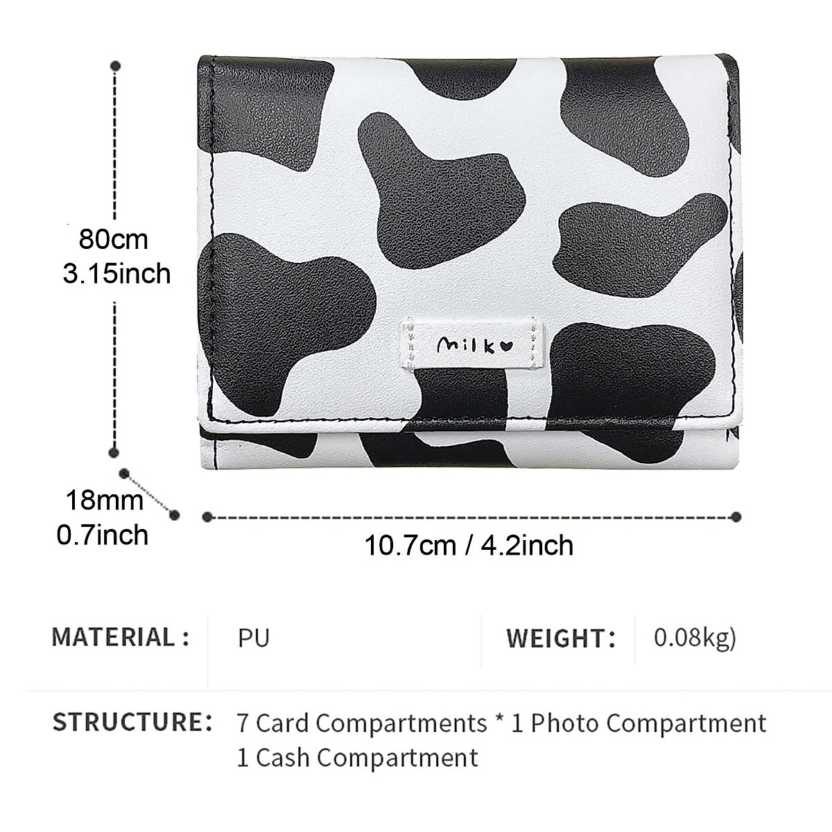 MOZXIRZ Women Girls Wallet Cute Cow Print Tri-Fold Wallet PU Leather Purse Slim Small Short Wallet Cartoon Trifold Cash Card Holder Bag (Black Cow)