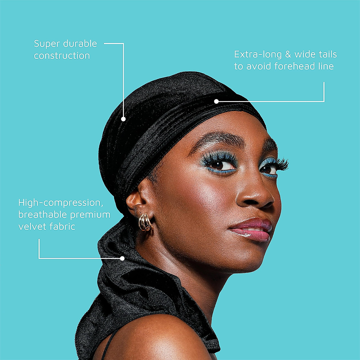 KISS COLORS & CARE Power Wave Velvet Luxe Durag - Black, Breathable, Stretchy Velvet Fabric Ideal For Wave Formation & Overnight Comfort, Stylish & Practical For All Hair Types, 0.13 pounds