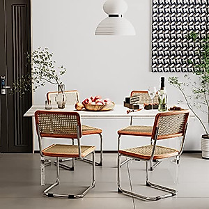 Alunaune Mid Century Modern Dining Chairs Set of 4, Upholstered Natural Rattan Kitchen Chairs Accent Chair, Armless Side Chairs with Metal Chrome Legs for Bedroom Living Room-Rattan Seat