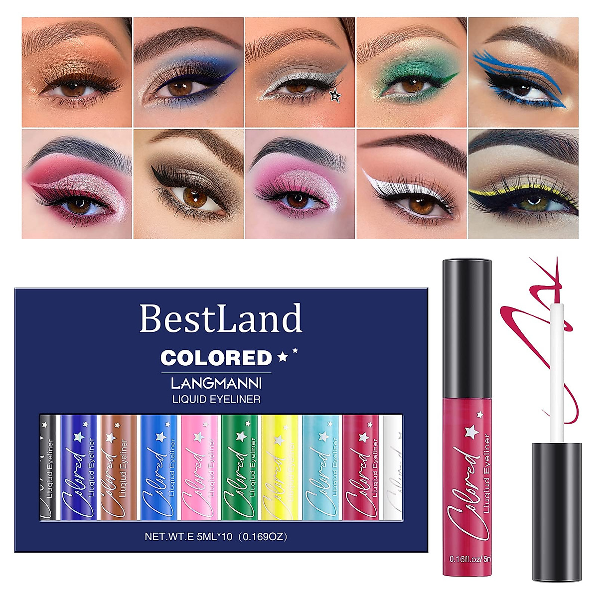 BestLand 10 Colors Liquid Matte Eyeliner White Black Blue Brown Colored Liner Waterproof Bright Colorful Rainbow Eyeliner Pencil Quick Dry Eyes Makeup Kit (Matte Eyeliner)