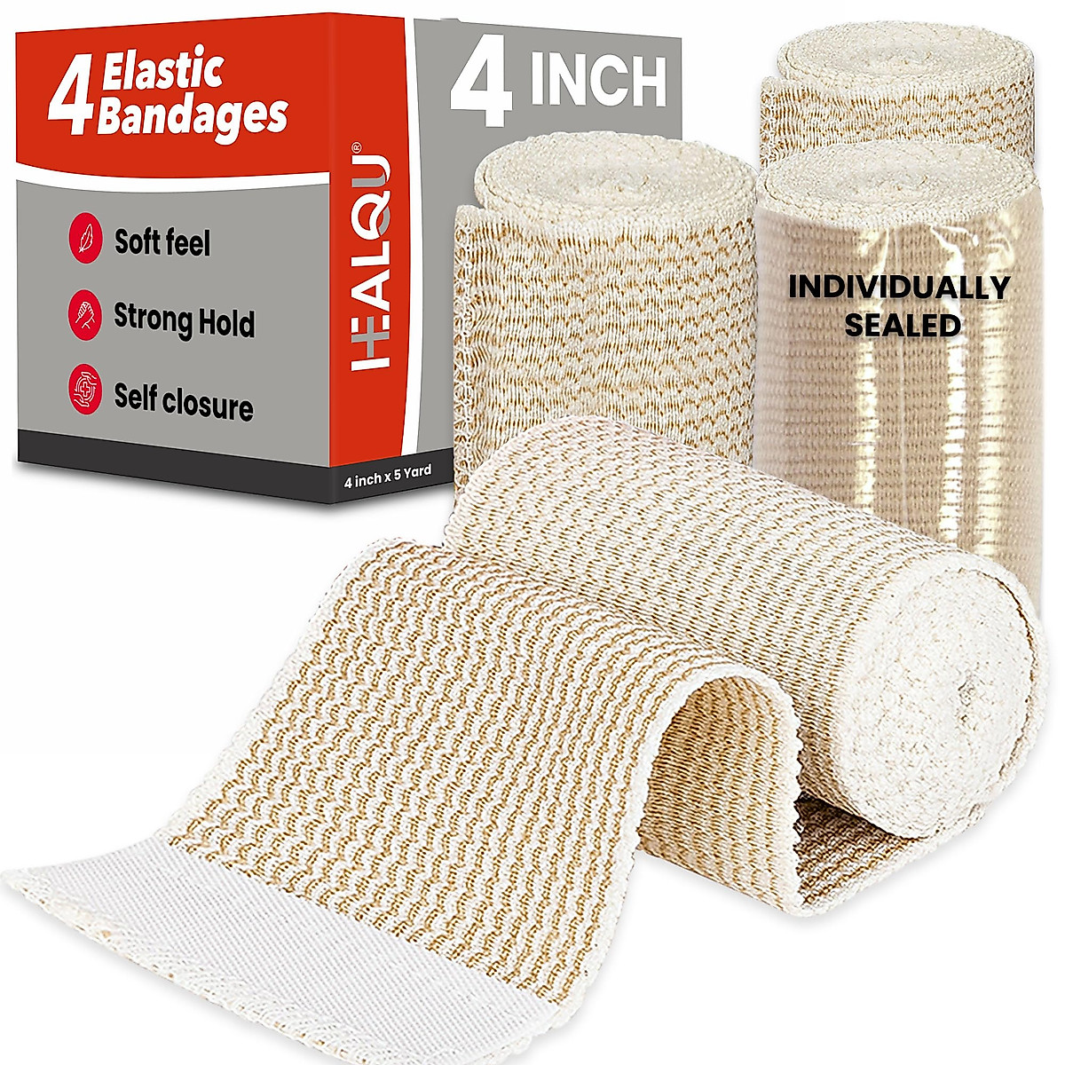 HEALQU Premium Elastic Bandage - Self-Closure Compression Wrap for Legs, Knees, Ankles, Wrists, Elbows, Shoulders - 4 Inch by 5 Yards, Box of 4 Rolls Athletic Stretchable Bandage Wrap