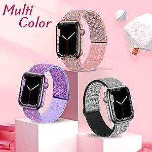 3 Pack Shiny Bands Compatible with Apple Watch Band for Women 38mm 40mm 41mm, Nylon Stretchy Straps for iWatch Series 9 Ultra SE 8 7 6 5 4 3 2 1