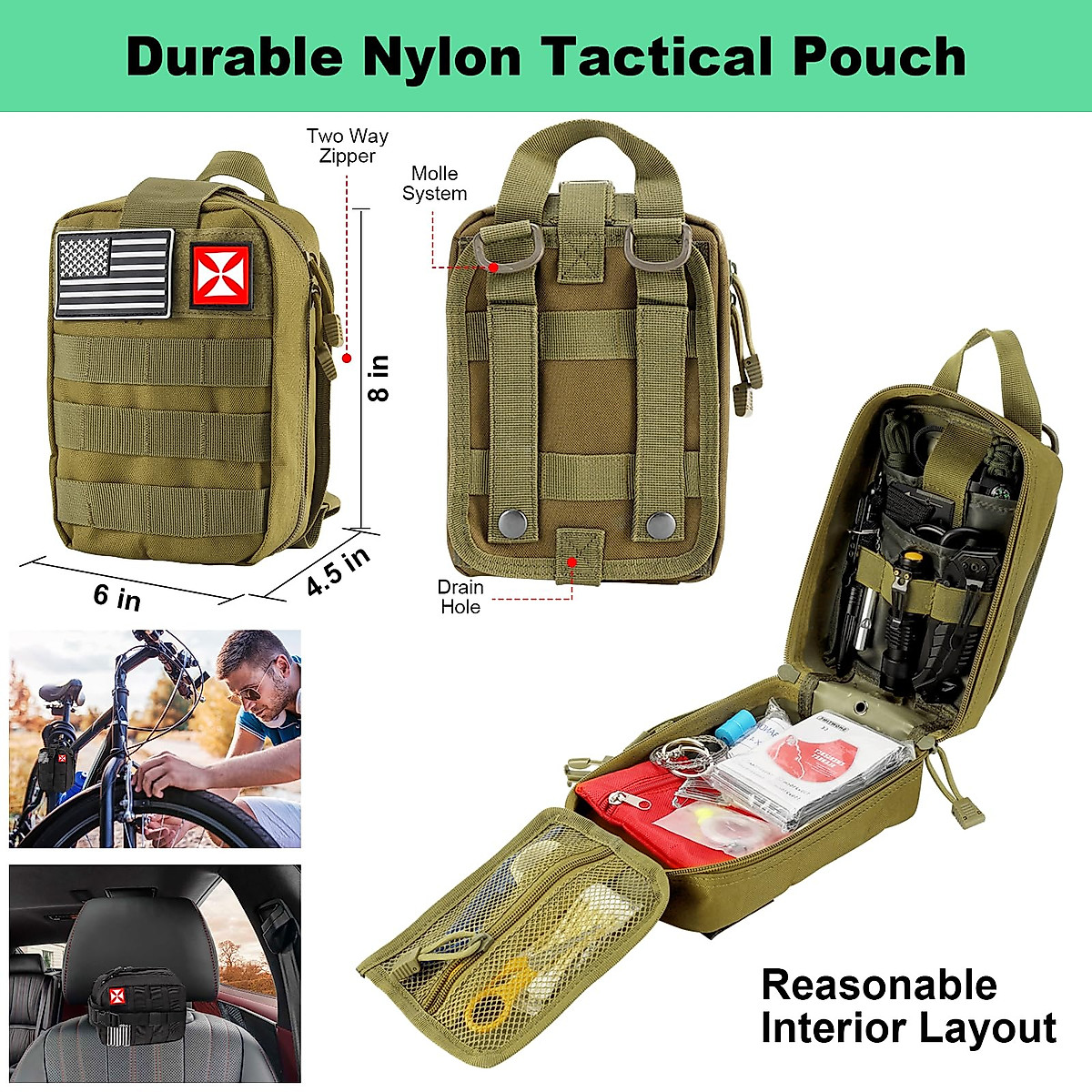 Survival Kit 256 in 1, First Aid Kit Survival Gear Tools Trauma Kit with Molle Pouch for Outdoor, Camping, Hunting, Hiking, Earthquake, Home, Office, Gifts for Men Dad Husband Women (Green)