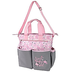 Crossbody Floral Pink Diaper Bag Tote with Changing Station for Baby Girl, 3 Piece Diaper Bag Set (Flowers)