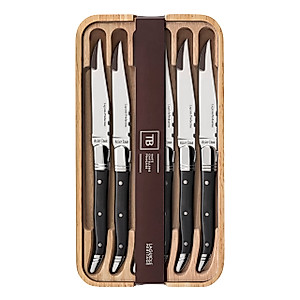 LAGUIOLE HERITAGE Tradition Ultra Sharp Stainless Steel Gourmet Steak Knives Set of 6 | Triple Rivet Knife Cutlery Set, Dark Wood Handle, 4.5 Inch Blade