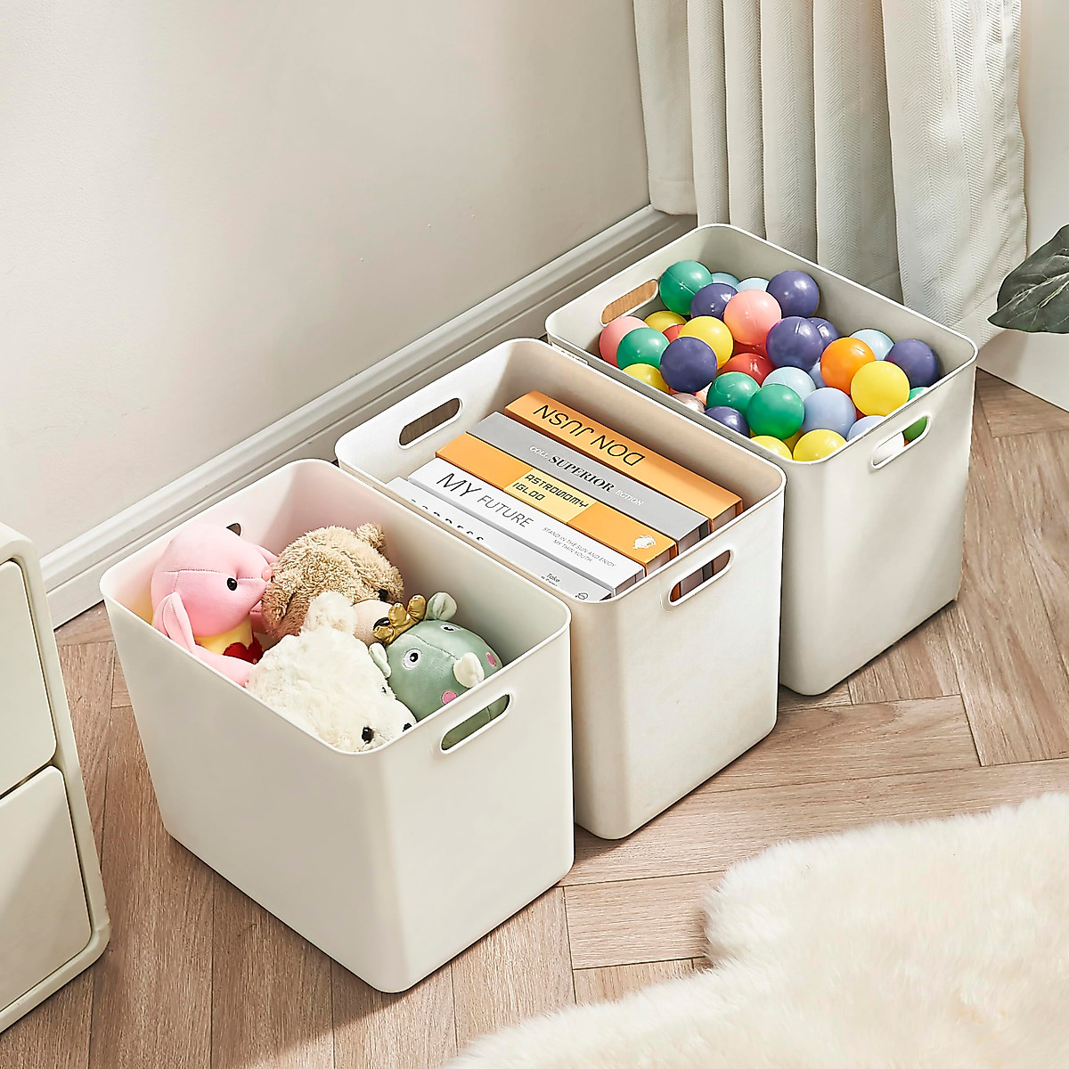 Gaoaodeyu 4 pack large plastic White storage bins Baskets, Toy Box Chest with Lids and Handle，Organizer Containers for Baby，Kids,snacks,Nursery，Shelves，Playroom, Bedroom，Office,Closet，home