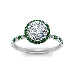 CaratYogi Petite Halo Diamond Ring sterling silver Created Emerald Round shape Green color Halo Engagement Rings high Setting in Size 7 for Women