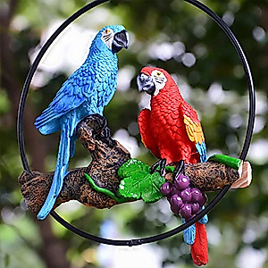 Sunnyway Hanging Parrots for Patio Resin Parrot Hanging Statue Garden Decor Perch Bird Macaw Sculpture On Metal Ring for Patio Lawn Home Garden Tree Decoration Animal Landscape Ornament (Blue&Red)