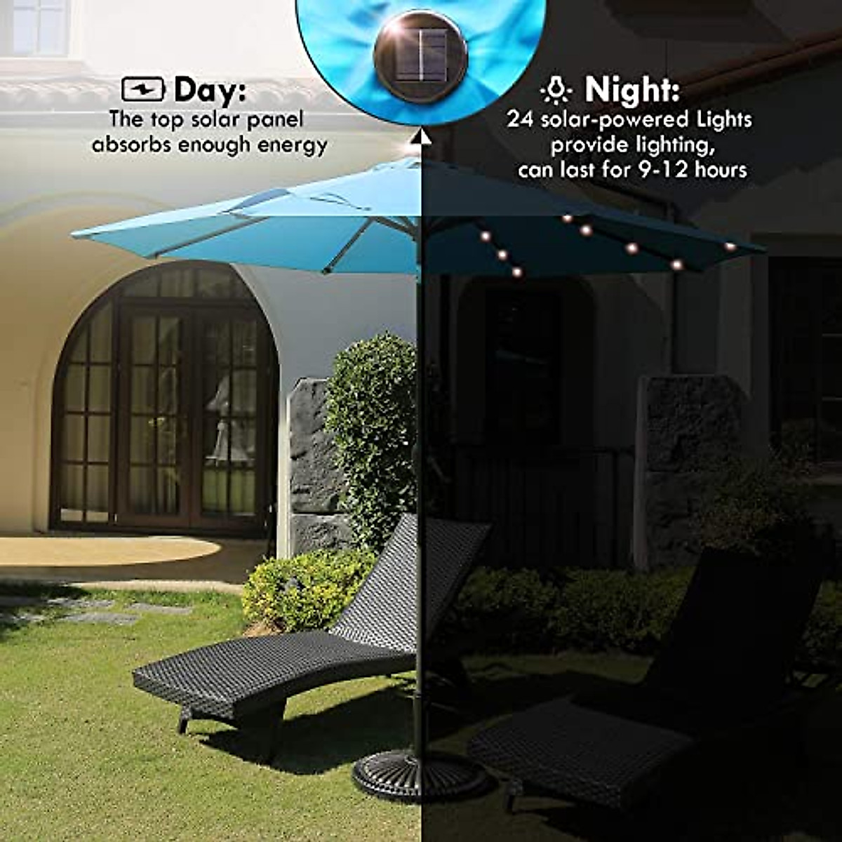 Aok Garden 9 ft Patio Umbrella LED Lighted Outdoor Table Umbrella, Aluminum Pole 8 Ribs Umbrella with Tilt and Crank