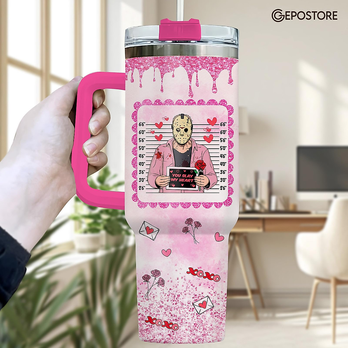 GEPOSTORE Valentines Gifts for Him Her, Horror Character 40 Oz Tumbler with Handle, Scary Tumblers Cup, Movie Characters Mug, Gifts for Movies Fan