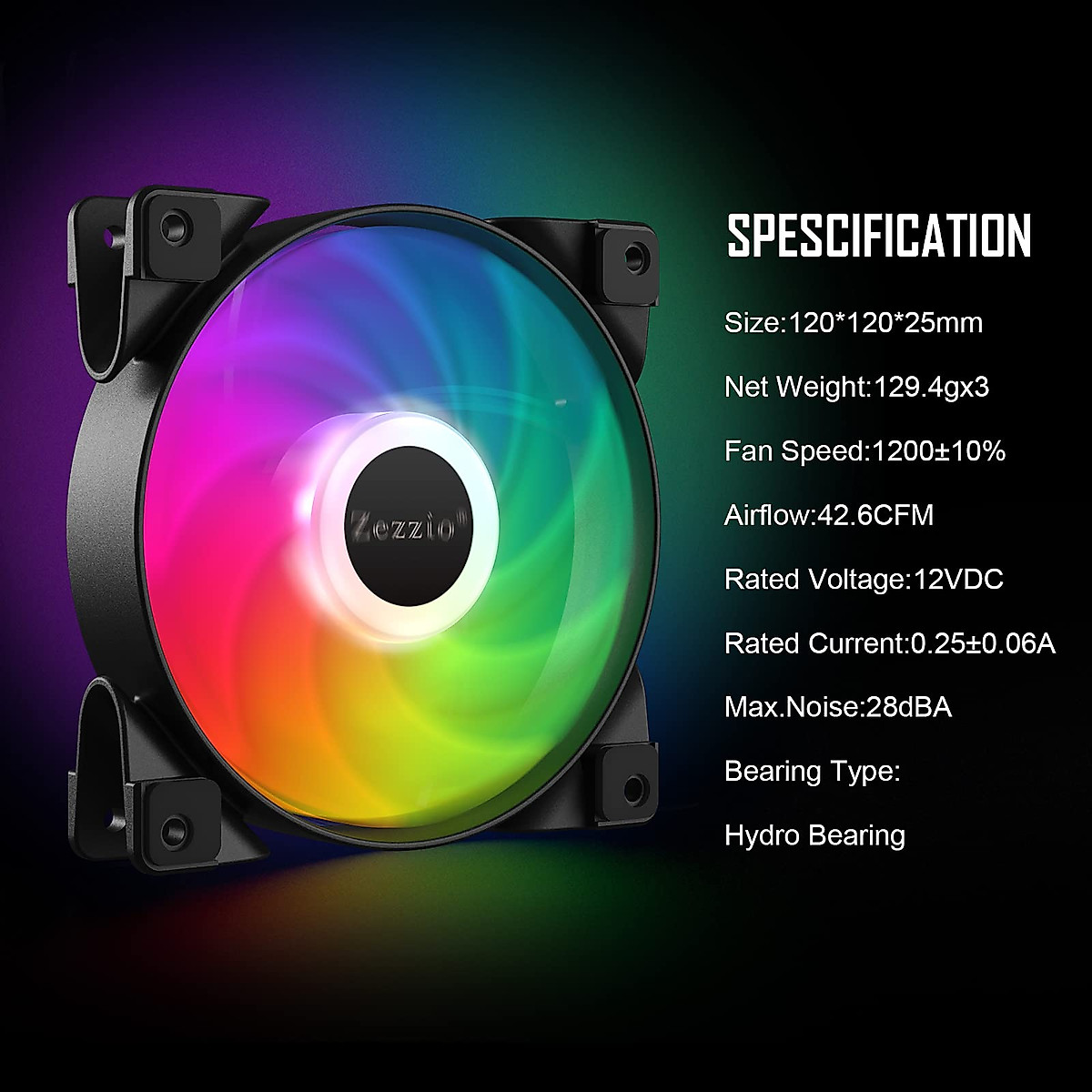 Zezzio 3PCS LED Cooling Fans for PC Case 120mm 3PIN/4PIN CPU Coolers Radiators(3pcs LED Color