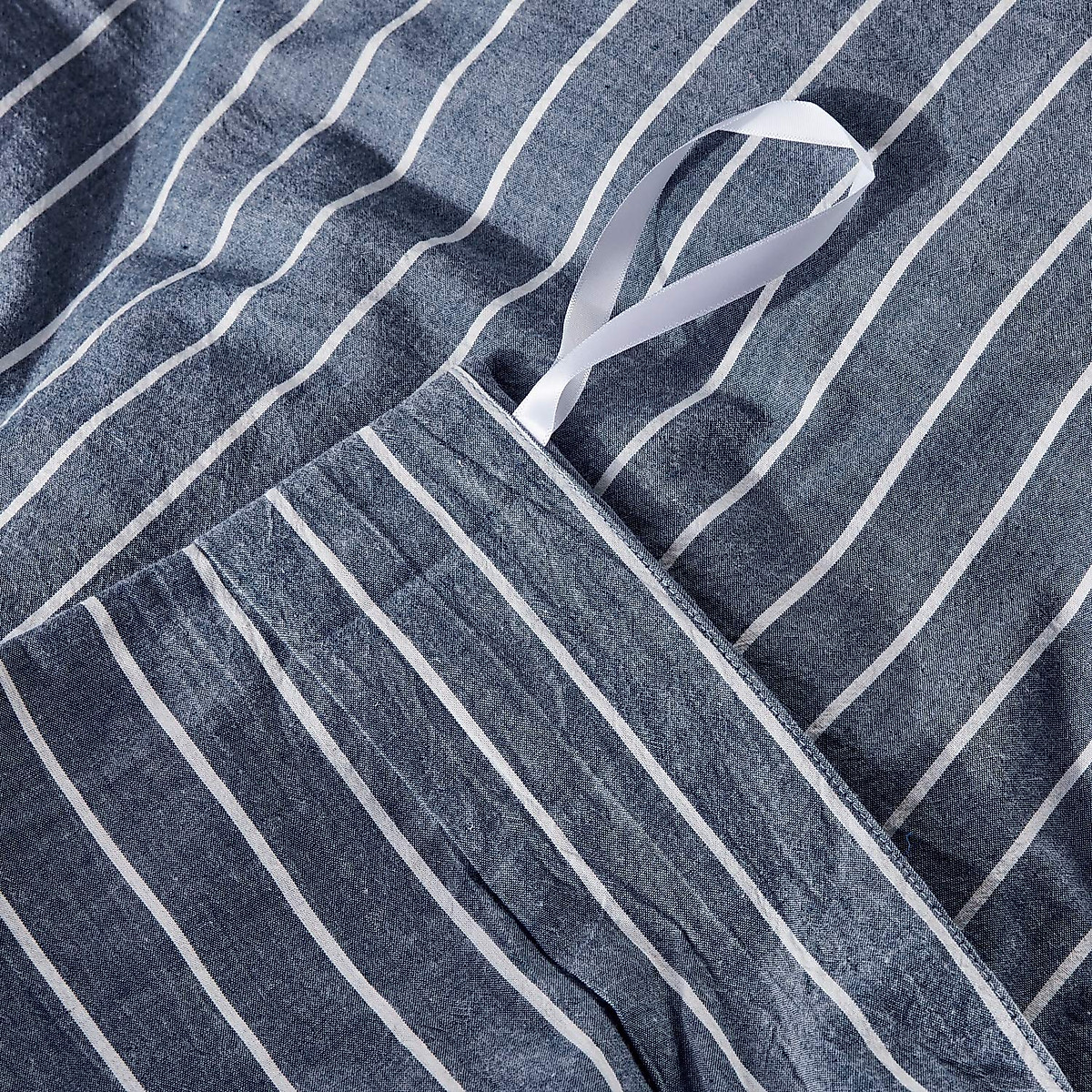 JELLYMONI Pinstriped 100% Washed Cotton Linen Like Duvet Cover Set, 3 Pieces Luxury Soft Bedding Set with Buttons Closure, Blue Stripes Pattern Printed Duvet Cover King Size(No Comforter)