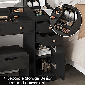 Fameill Black Makeup Vanity with 10 Lights & Power Outlets, Big Vanity with 3 Storage Compartments, Vintage Vanity Set with Large Drawers and Storage Cabinet, 45in