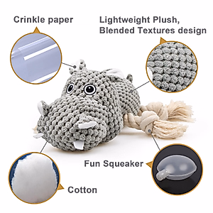 PAZ'S GIFT Dog Toys Cute Hippo Plush Pull Interactive Rope Knot Toy Indoor Squeaky Puppy Toys, Suitable for Soothing Puppies or Small and Medium Dogs Durable Teething chew Toys