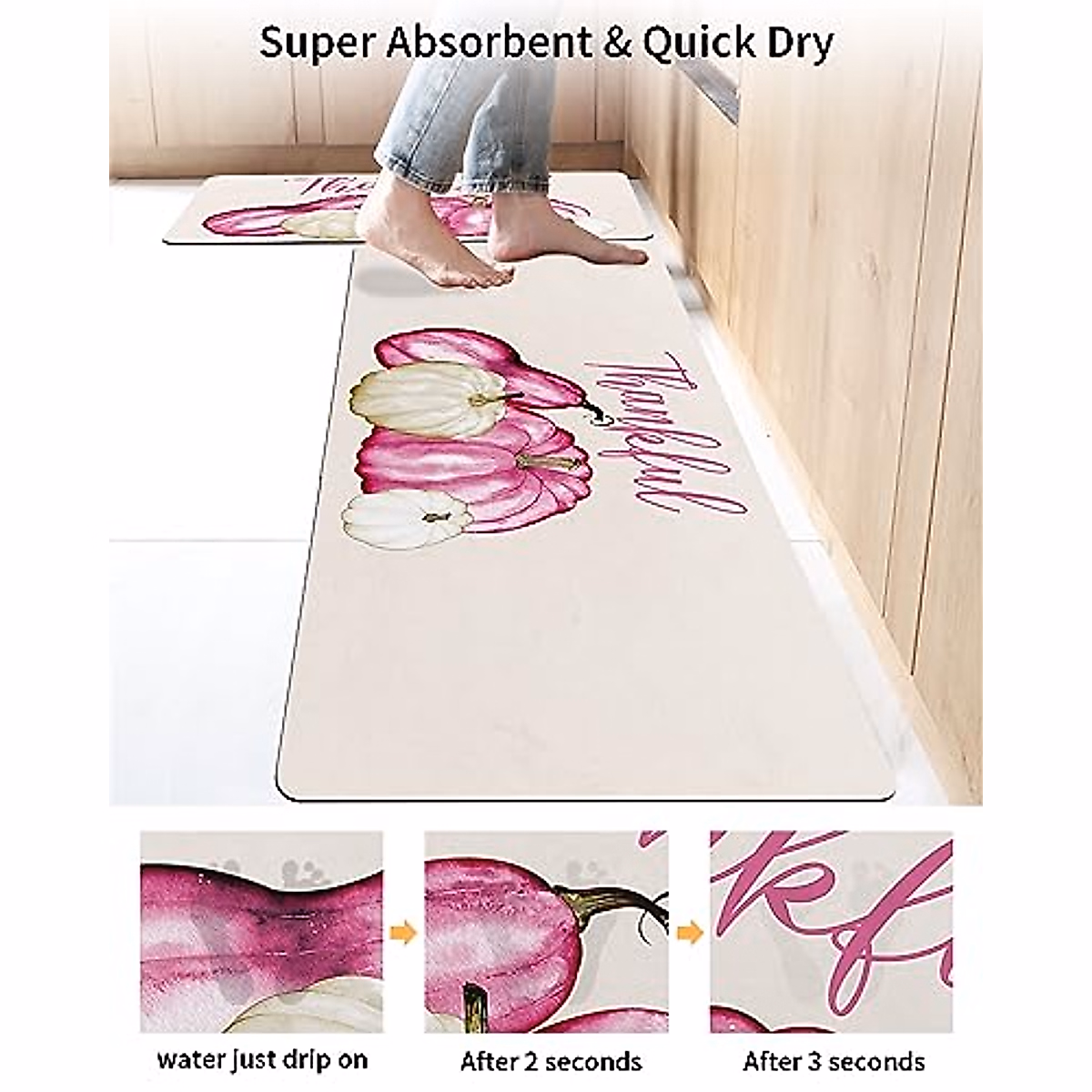 Thanksgiving Fall Bath Mat for Tub,Non Slip Bathroom Floor Runner Rug Quick Dry & Absorbent Diatomaceous Earth Shower Sink Kitchen Washable Doormat,Thanksful Harvest Pumpkin Pink White 20x24+20x48