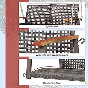 Tangkula 2-Person Outdoor Porch Swing with 118" Hanging Ropes, Patiojoy PE Wicker Patio Hanging Swing Bench with Soft Seat Cushion & 800 Lbs Weight Capacity, Suitable for Patio, Garden (Black)