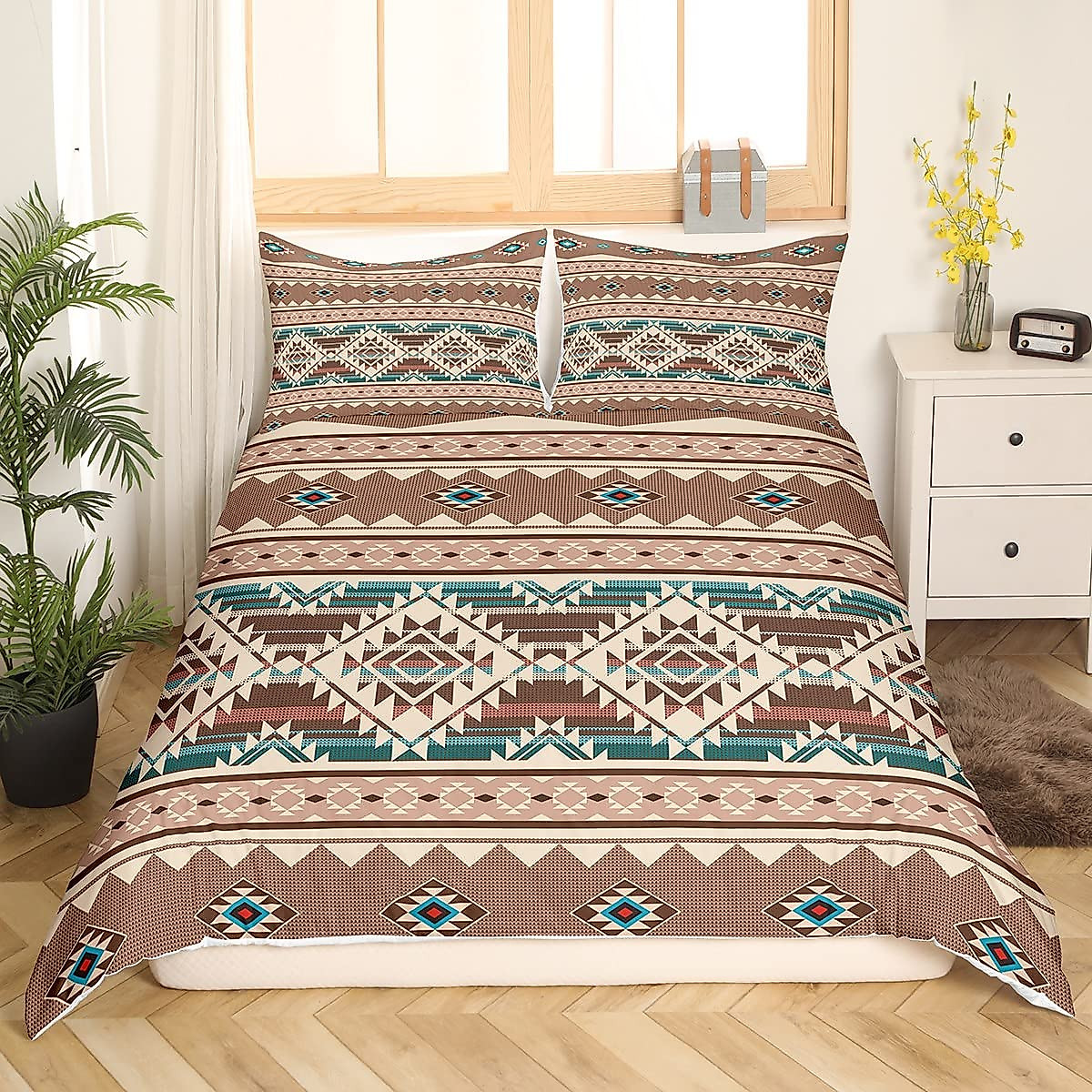 Western Bedding Sets Queen,Aztec Comforter Cover,Exotic Nordic Style Bohemian Duvet Cover Indian Tribe Geometry Ethnic Tribal Arrow Bed Set,Retro Geometric Triangle Diamond Boho Decor,Beige Brown