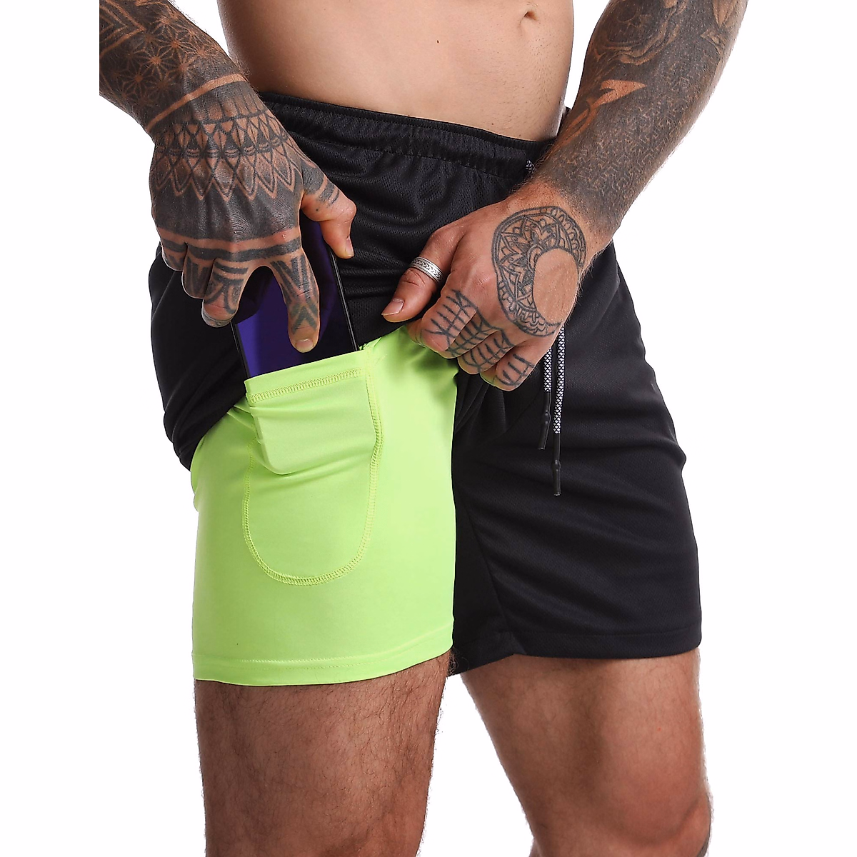FLYFIREFLY Men's 2-in-1 Workout Running Shorts 7" Lightweight Gym Yoga Training Sport Short Pants Black Green