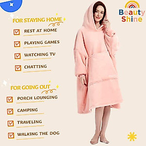 Beauty Shine Oversized Wearable Blanket Hoodie with Zipper, Women and Men Sherpa Blanket, Kangaroo Pocket, Pullover for Adults Fits All(Soft Pink,Original)
