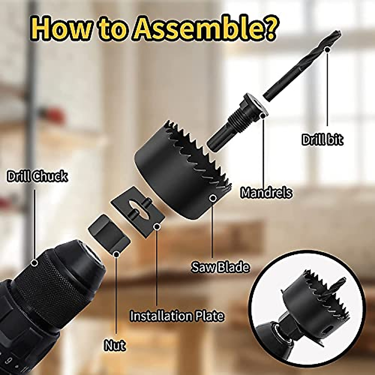 Hole Saw kit, Jellas 20PCS Hole Saw Set with 14Pcs Saw Blades, General Size 3/4" to 5", 2 Mandrels with Drill Bits, 1 Installation Plate, 1 Hex Key, 1 Storage Case, Ideal for Wood, PVC Board, Plastic