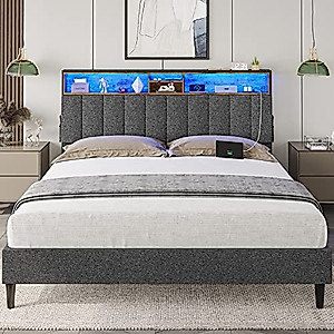 ADORNEVE Queen LED Bed Frame with Outlet and USB Ports, Queen Bed Frame with Storage Headboard, Modern Platform Bed with Storage & LED Lights, No Box Spring Needed, Easy Assembly, Dark Grey