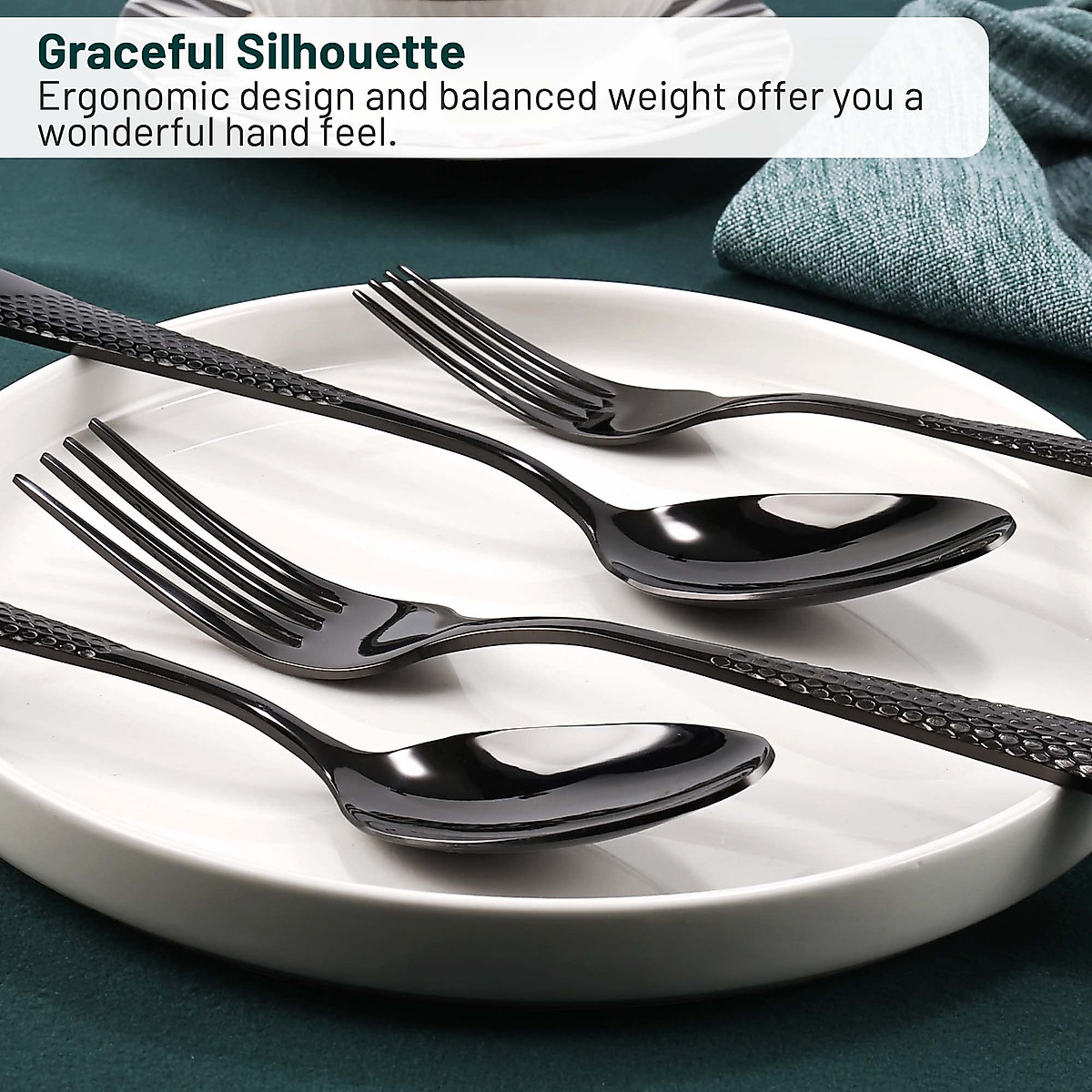 PUREAIN Silverware Set, 30 Pieces Black Hammered Flatware Set for 6, Mirror Polished Stainless Steel Cutlery Set for Home, Kitchen, Restaurant and Hotel, Dishwasher Safe