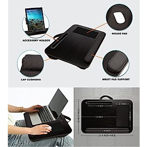 Prestige Import Group Portable Lap Desk with Built-in Mouse Pad, Wrist Pad, Tablet Holder, Cushioned Bottom in Black Oak - Fits up to 17" Laptops