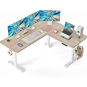 FEZIBO 63" L Shaped Standing Desk Height Adjustable, Electric Stand up Corner Desk, Sit Stand Home Office Desk with Splice Board, White Frame/Light Walnut Top