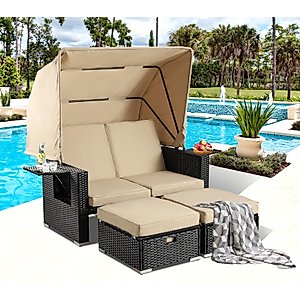 MAGIC UNION Patio Sofas with Retractable Canopy, Outdoor Wicker Furniture Set Poolside Sunbed, Patio Seating Chairs with Ottomans, Adjustable Backrest for Backyard (Khaki)