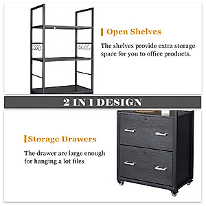 VINGLI 65.7" H 2 Drawer File Cabinet with Lock, Freestanding/Rolling File Cabinets for Home Office, Wood Black File Cabinet with Shelves Compatible with Both Letter and Legal Size Folders