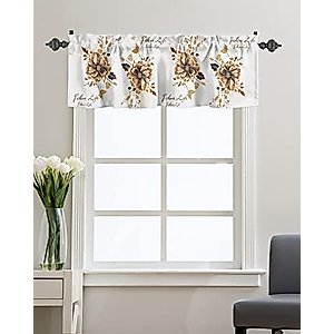 Kitchen Cafe Valance Curtain for Small Windows,Abstract Gold Flower with Leaves Rod Pocket Short Blackout Curtains,Floral and Life Quote on White Window Treatment for Living Room Bedroom Bathroom
