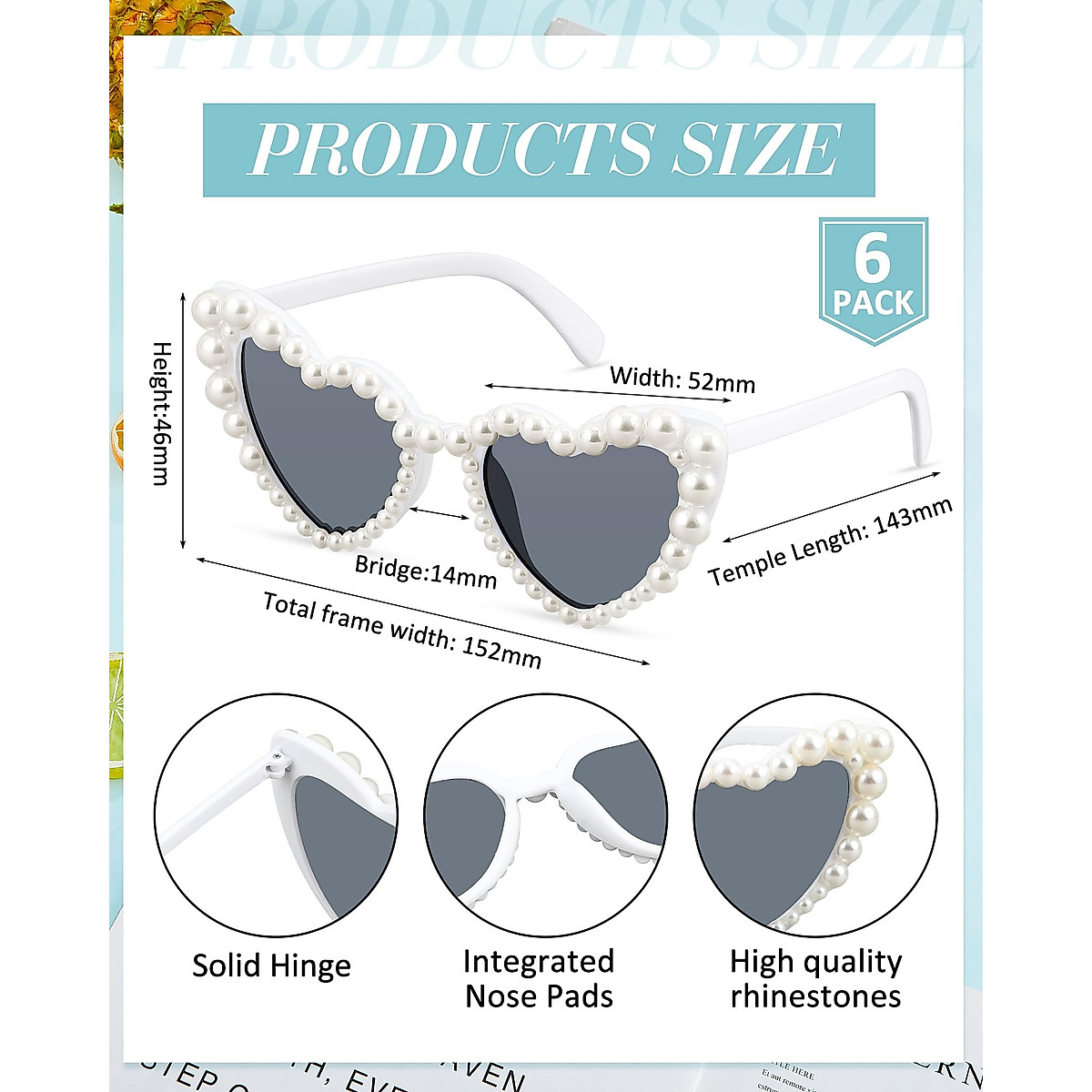 Huquary 6 Pairs Heart Pearl Sunglasses Bride Sunglasses for Wedding Vintage Heart Sun Glasses Love Shaped Sunglasses (White)