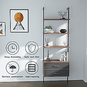 DREAMODERN Modern Bookshelf with Drawers, 4-Tier Open Bookcase Tall Wall Mount Ladder with Steel Frame -Brown