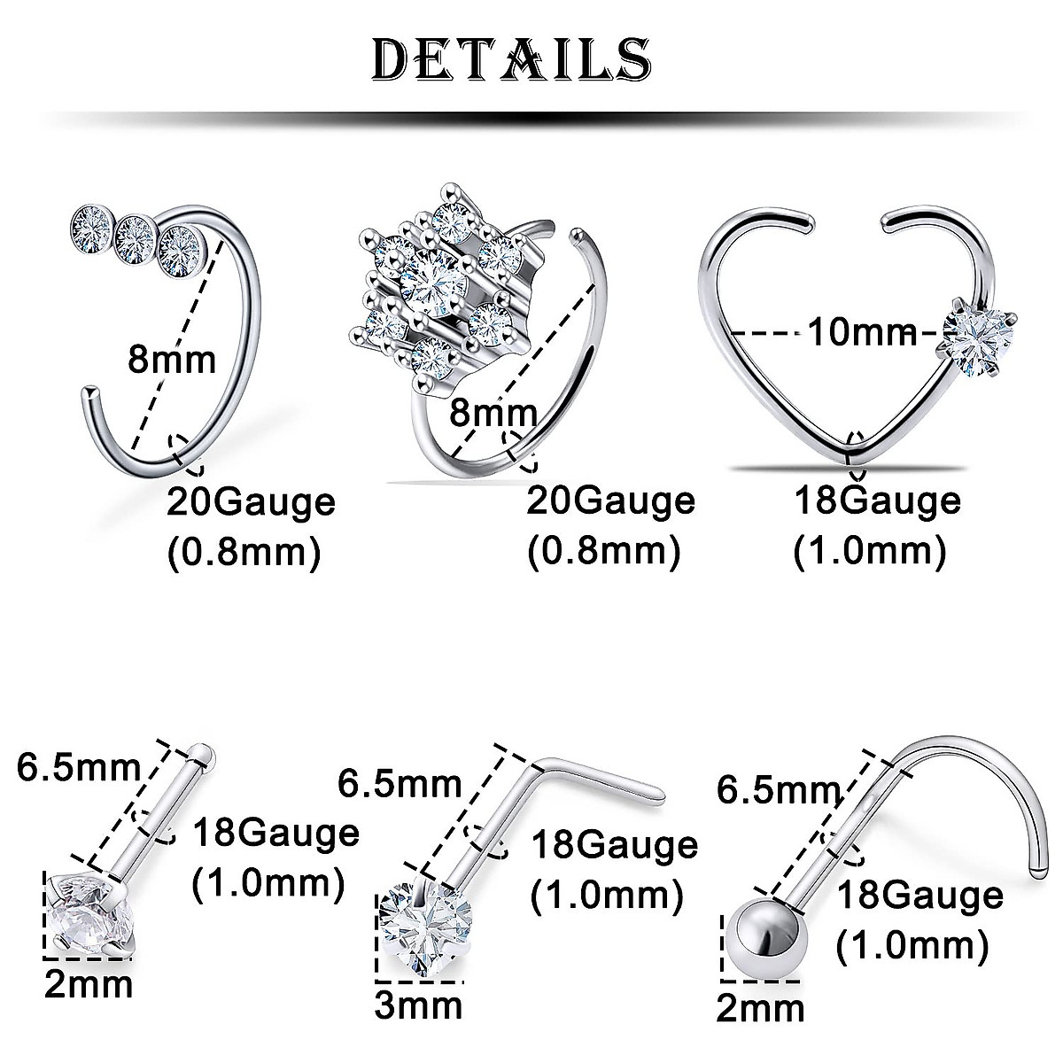 Kridzisw 18g Nose Ring Hoop Stud Piercing Jewelry for Women 316L Stainless Surgical Steel L Shaped Bend Straight Silver Nose Nostril Ring Hoop Stud Pin Bone Earring Piercing Jewelry women Men 8mm 2mm