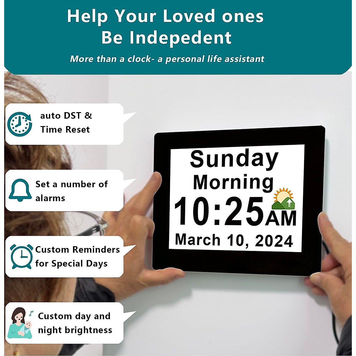 Véfaîî 2024 New, Digital Clock 2.0 with 30 Alarms, Auto DST, DIY Custom Reminders, Sun Moon Icon & AM/PM, Auto Brightness, Memory Function, Easy to Read, 8" Large Display