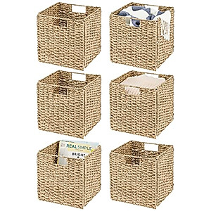 mDesign Seagrass Woven Cube Bin Basket Organizer with Handles - Storage for Bedroom, Home Office, Living Room, Bathroom, Shelf/Cubby Organization, Hold Blankets, Magazines, Books - 6 Pack, Natural/Tan
