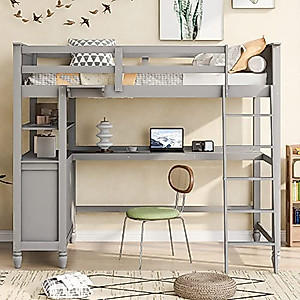 Twin Size Loft Bed with Desk and Drawers, Solid Wood Loft Bed with Storage Shelves for Kids Teens Adults - Gray