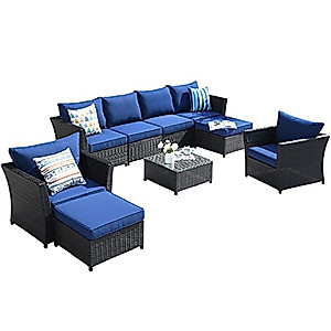 XIZZI Outdoor Patio Furniture No Assembly Required 9 PCS Patio Furniture Sets PE Rattan Wicker with 2 Pillows and Coffee Table, Backyard Patio Conversation Sets Sectional Sofa (Navy Blue)