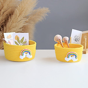 Set of 2 Small Woven Storage Baskets for Organizing,Small Cotton Rope Baskets Decorative Small Round Storage Bins for Desk Kids Socks Toys and Gifts (Yellow)