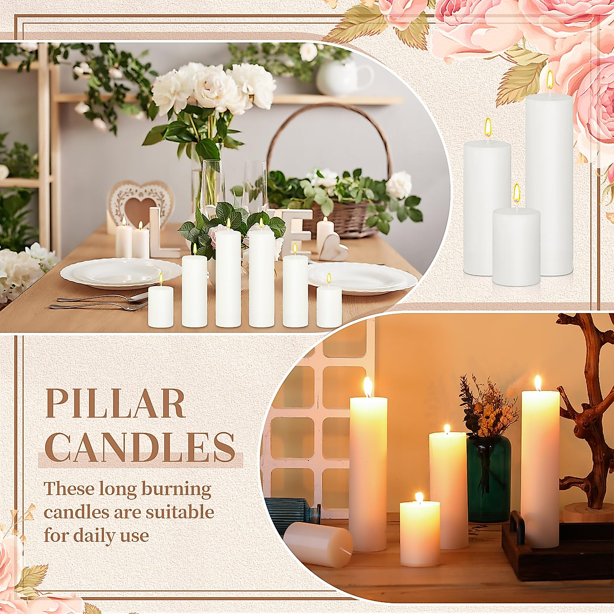 MTLEE 48 Pcs Set of 3 Pillar Candles Pillar Candle Bulk 3 Inch 6 Inch 8 Inch Assorted Candles Dripless Unscented Smokeless Pillar Candles for Wedding Holiday Dinner Restaurants Spa Home Decor