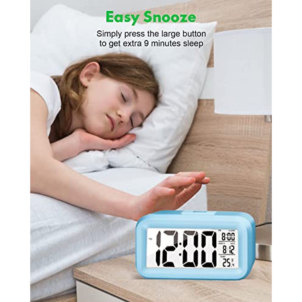 KAIJIELY Upgraded Digital Alarm Clock, 4.3" LED Display with Temperature Larger Lound Light Control Portable Snooze Calendar Brightness with Battery Powered Alarm Clocks Bedside for Everyone (Blue)