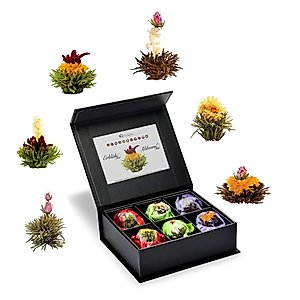 Creano Tea Flowers Mix 6pcs Set Blooming Tea, Green Tea, White Tea & Black Tea in Elegant Magnetic Box with Silver Embossing