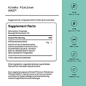 Quality of Life Premium Kinoko Platinum AHCC Herbal Supplement, 750mg of AHCC per Capsule, for Immune Support, Liver Function, Maintains Natural Killer Cell Activity, 1 Pack, 60 Veggie Capsules