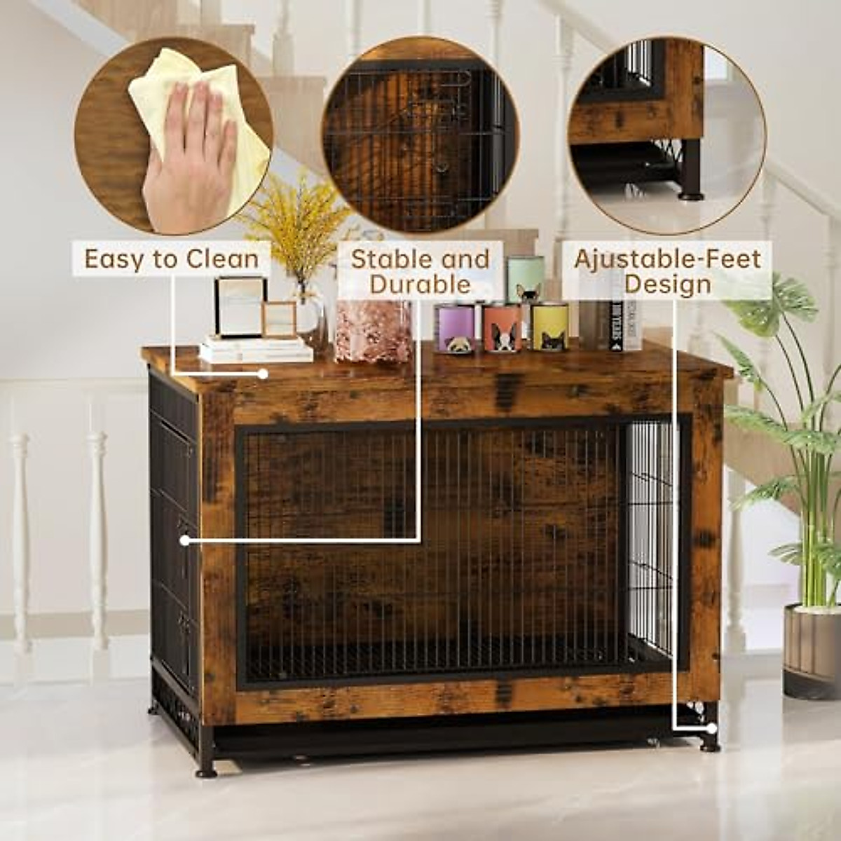 Lamerge Wooden Dog Crate Furniture for Large Dog, Heavy Duty Dog Crate End Table with Pull-Out Tray, 3-Door Dog Kennel, Indoor Pet Furniture, 44.3" L x 28.7" W x 31.9" H, Brown