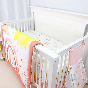 CARUILI Crib Bedding Set for Girls, 4-Piece Pink Baby Crib Bedding Set, Rainbow Crib Sets Includes Comforter, Fitted Crib Sheet, Crib Skirt, and Diaper Stacker