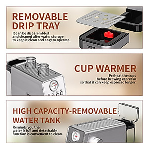 YASHE Espresso Machines, Upgraded 1350W Espresso Maker with Milk Frother Steam Wand and 37.2oz Removable Water Tank, 20 Bar Semi-Automatic Steam Espresso Coffee Maker, Cappuccino Machine for Home